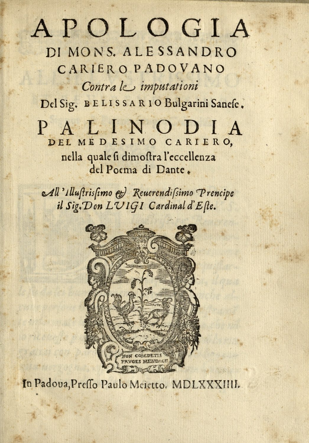 Alessandro Cariero , Apologia contro Belissario Bulgarini e Palinodia ...